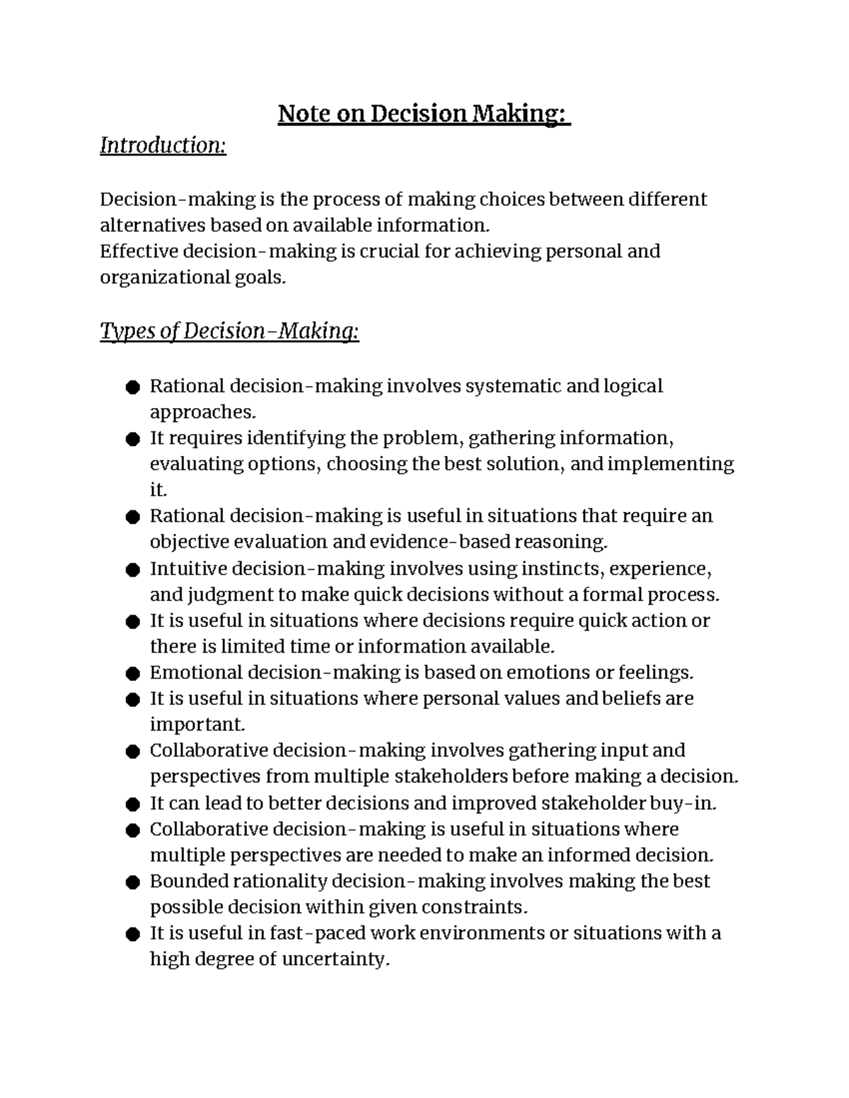 Note on Decision Making - Note on Decision Making: Introduction ...