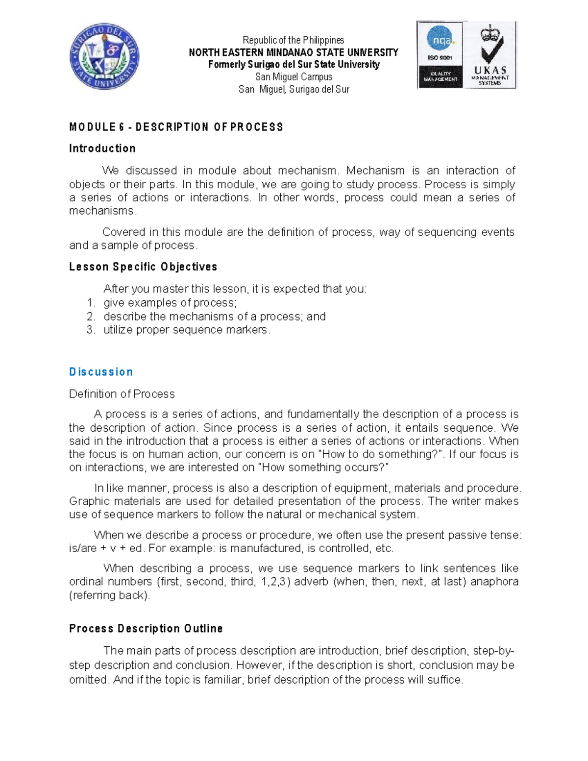 Module 6 - Description OF Process - NORTH EASTERN MINDANAO STATE ...