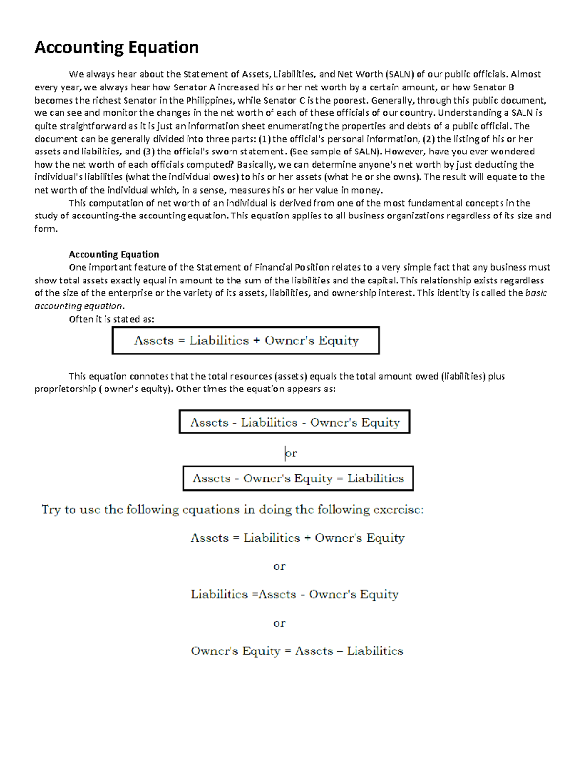 Accounting Equation for students lesson 4 - Accounting Equation We ...