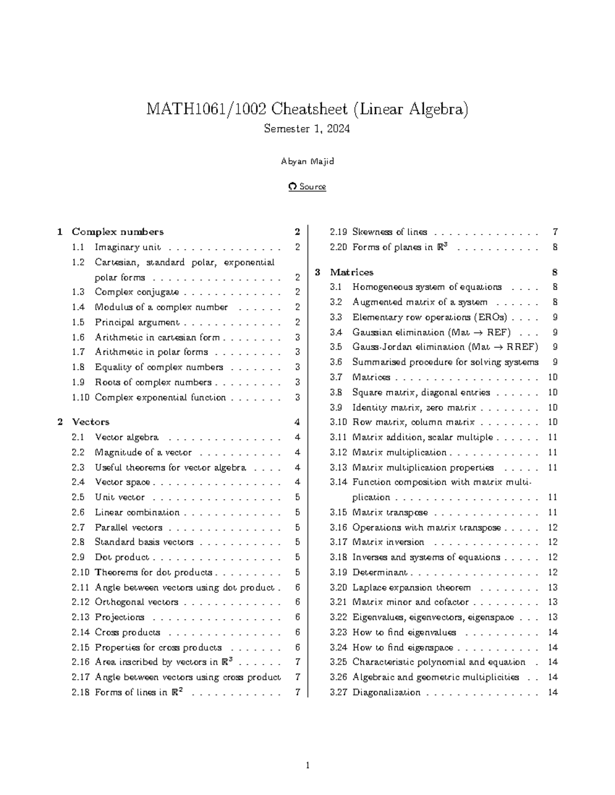 MATH1061 Linear Algebra Cheat Sheet - MATH1061/1002 Cheatsheet (Linear Algebra) Abyan Majid ...