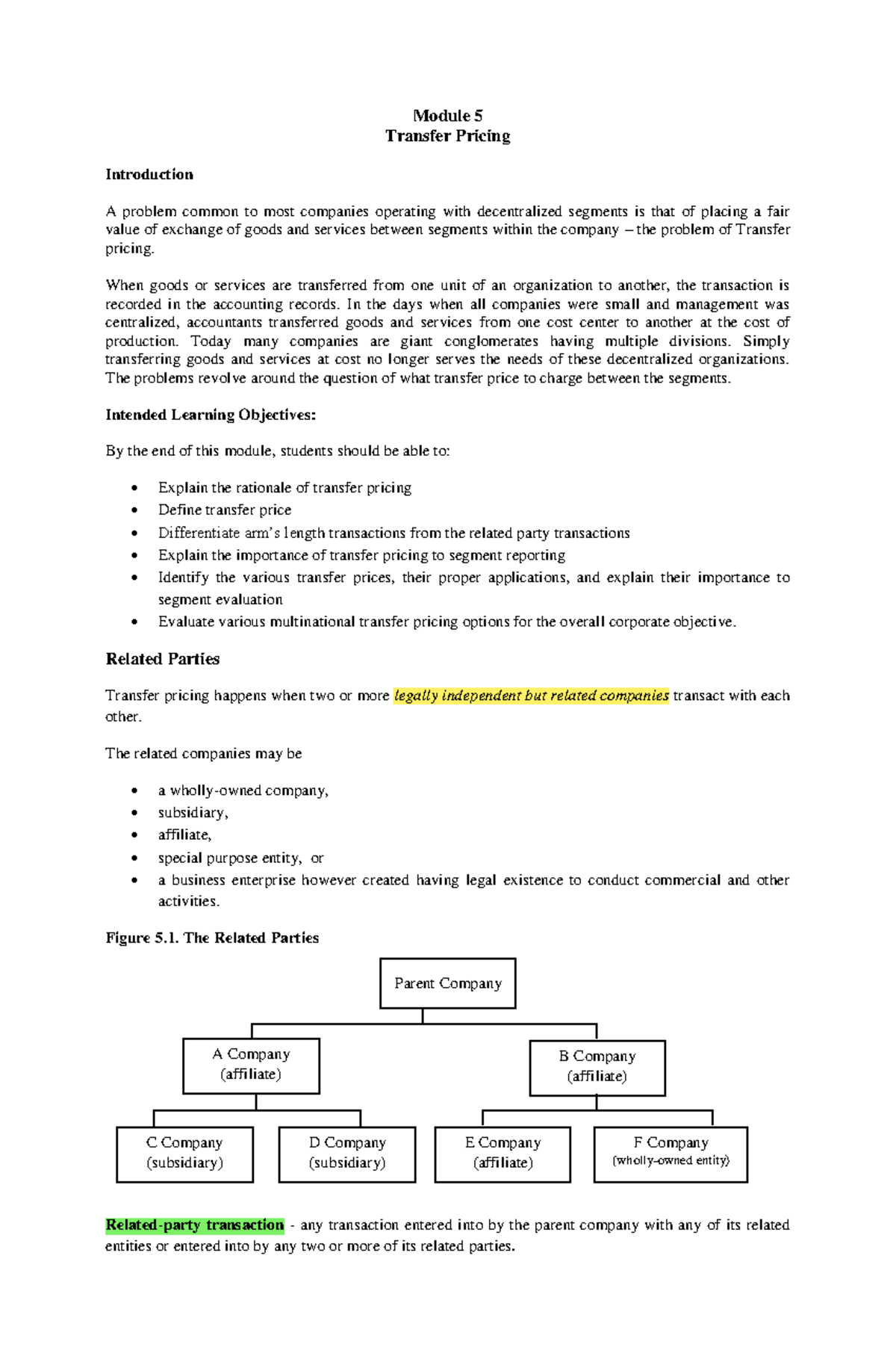 Transfer- Pricing - Module 5 Transfer Pricing Introduction A problem common to most companies ...