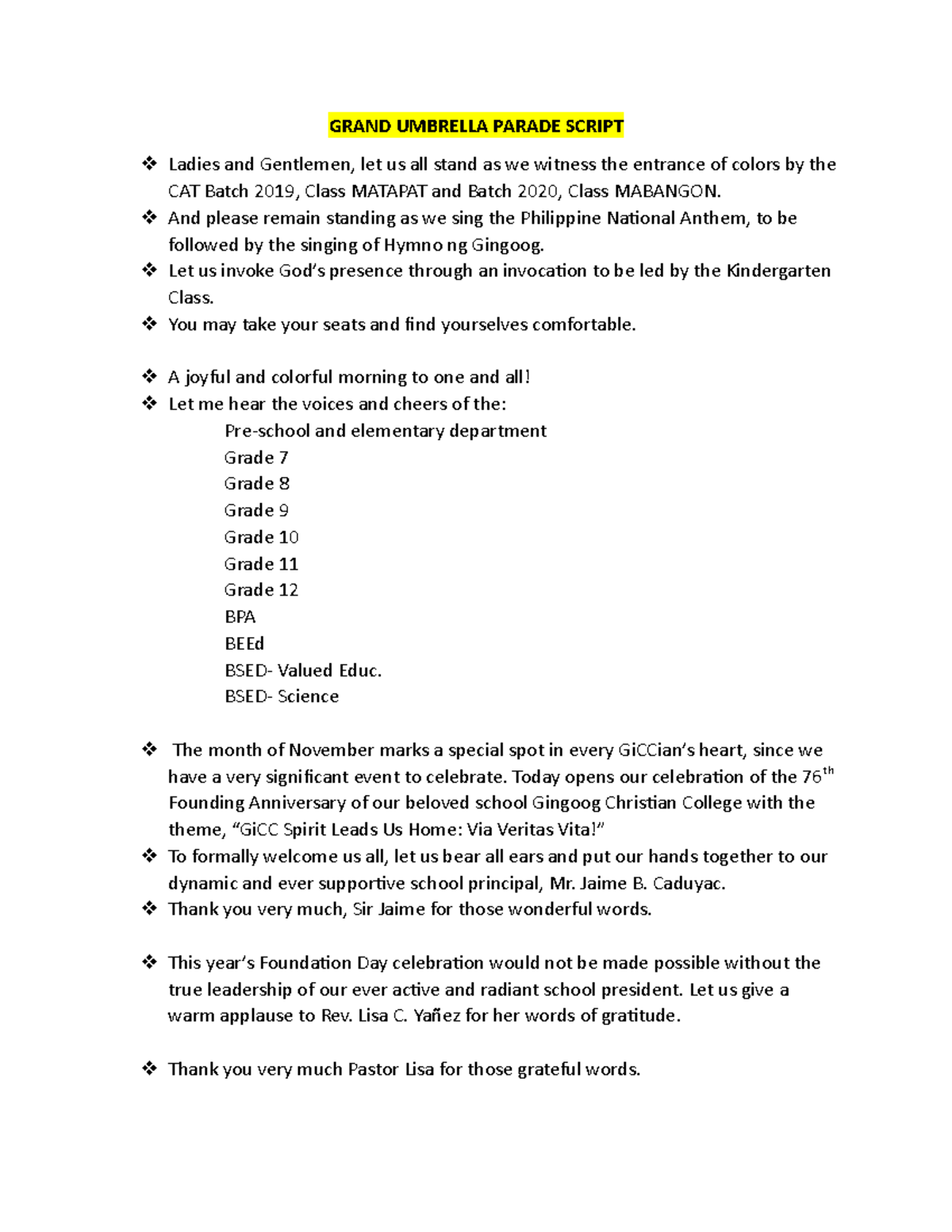 Grand Umbrella Parade Script - GRAND UMBRELLA PARADE SCRIPT Ladies and Gentlemen, let us all ...