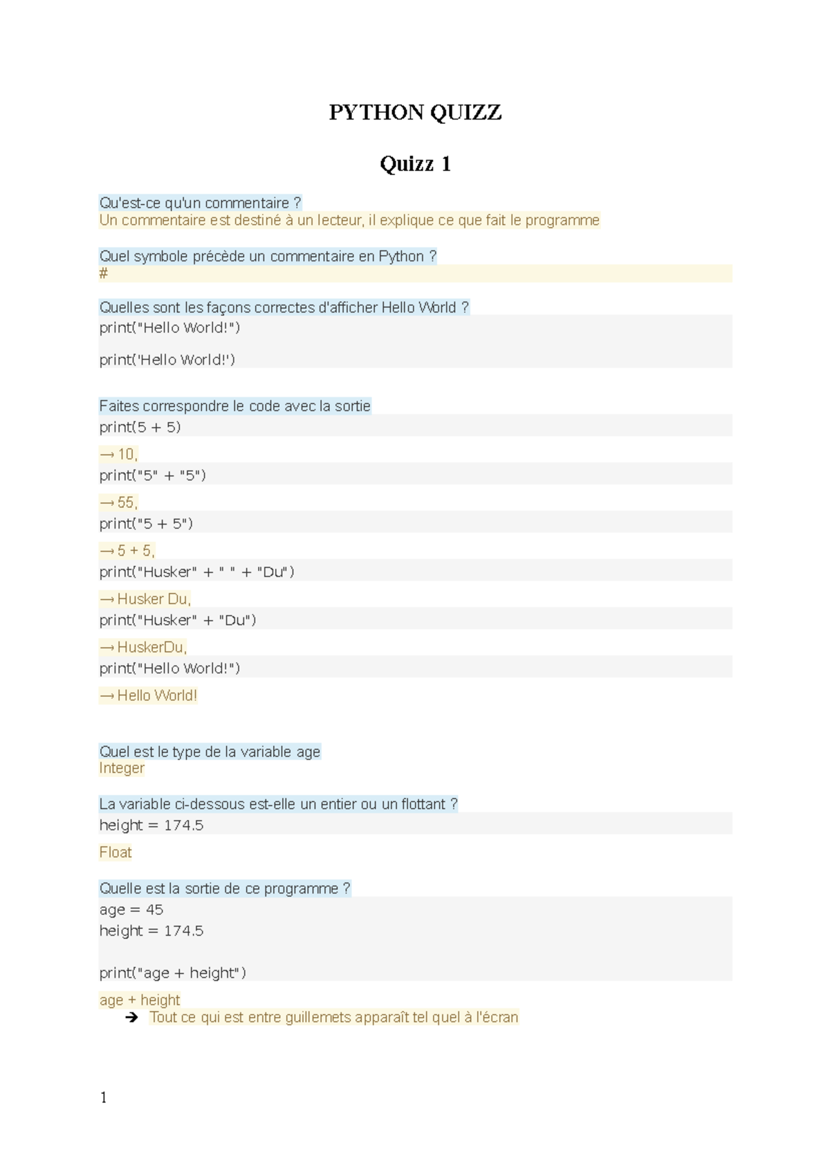Python- Quizz - PYTHON QUIZZ Quizz 1 Qu'est-ce qu'un commentaire? Un ...