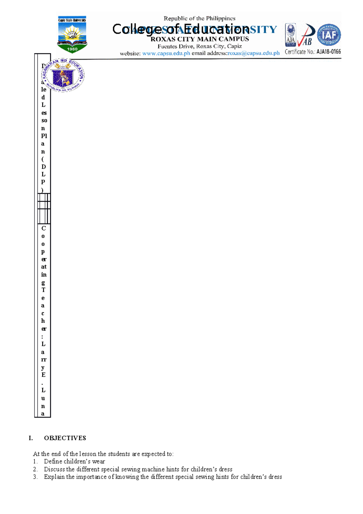 Grade 9 LM Dressmaking Quarter 3 LESSON PLAN - D et ai le d L es so n ...
