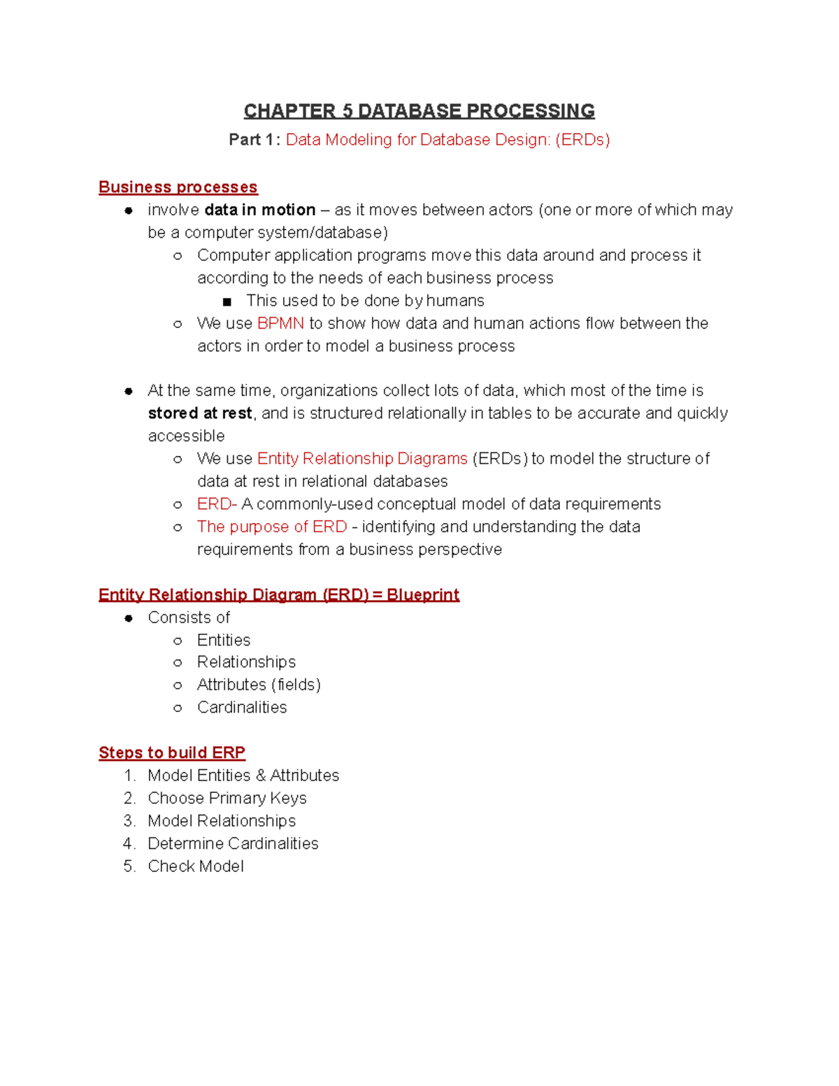 IS223 final notes - CHAPTER 5 DATABASE PROCESSING Part 1: Data Modeling ...