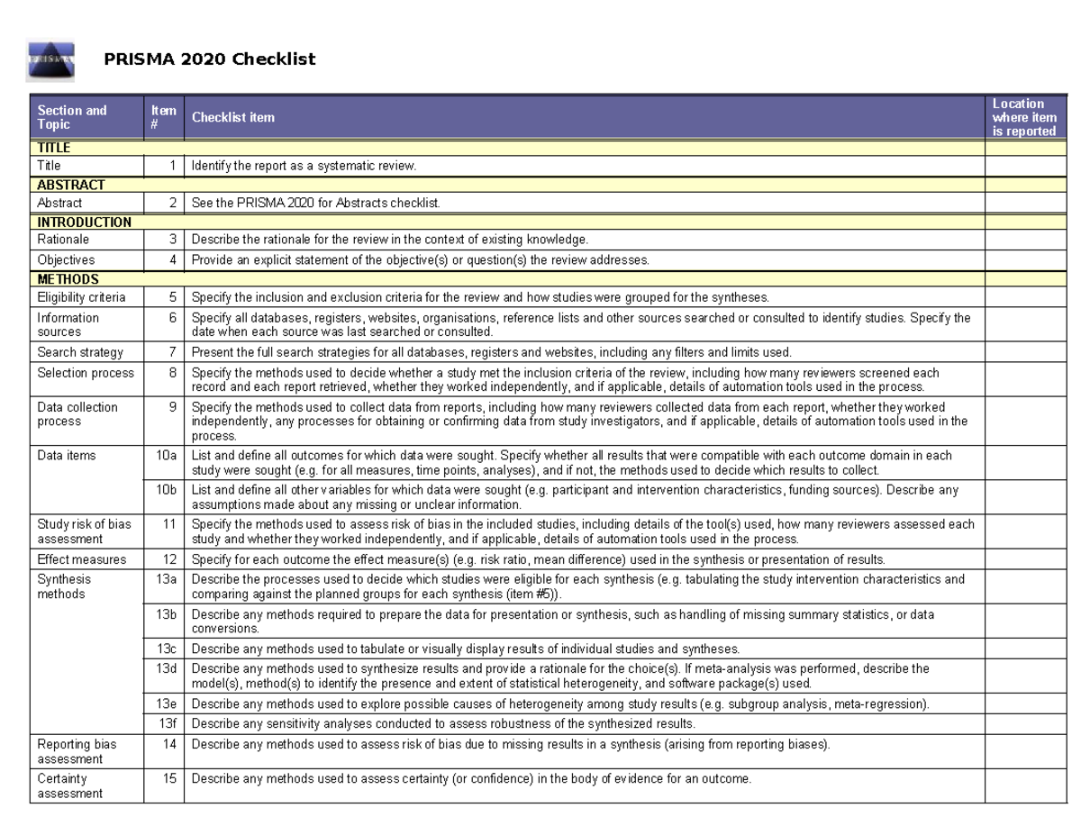Prisma Checkliste - PRISMA 2020 Checklist Section and Topic Item ...