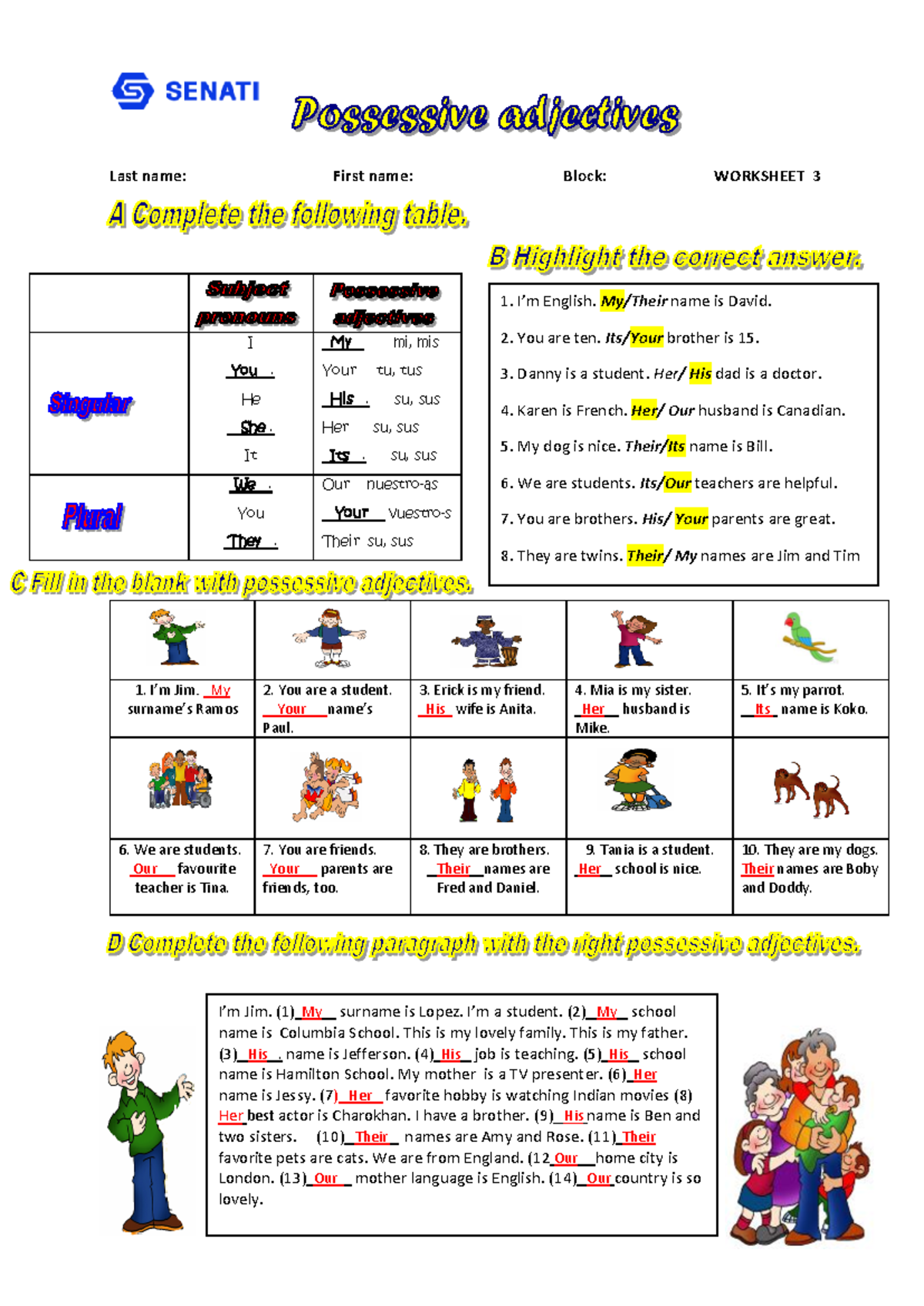4 - B Possessive adjectives worksheet - Last name: First name: Block ...