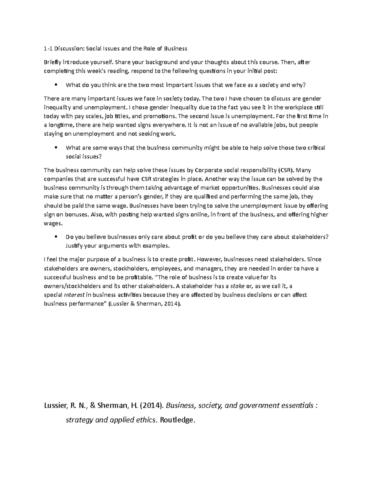 1-1 Discussion - Social Issues and the Role of Business - 1-1 ...