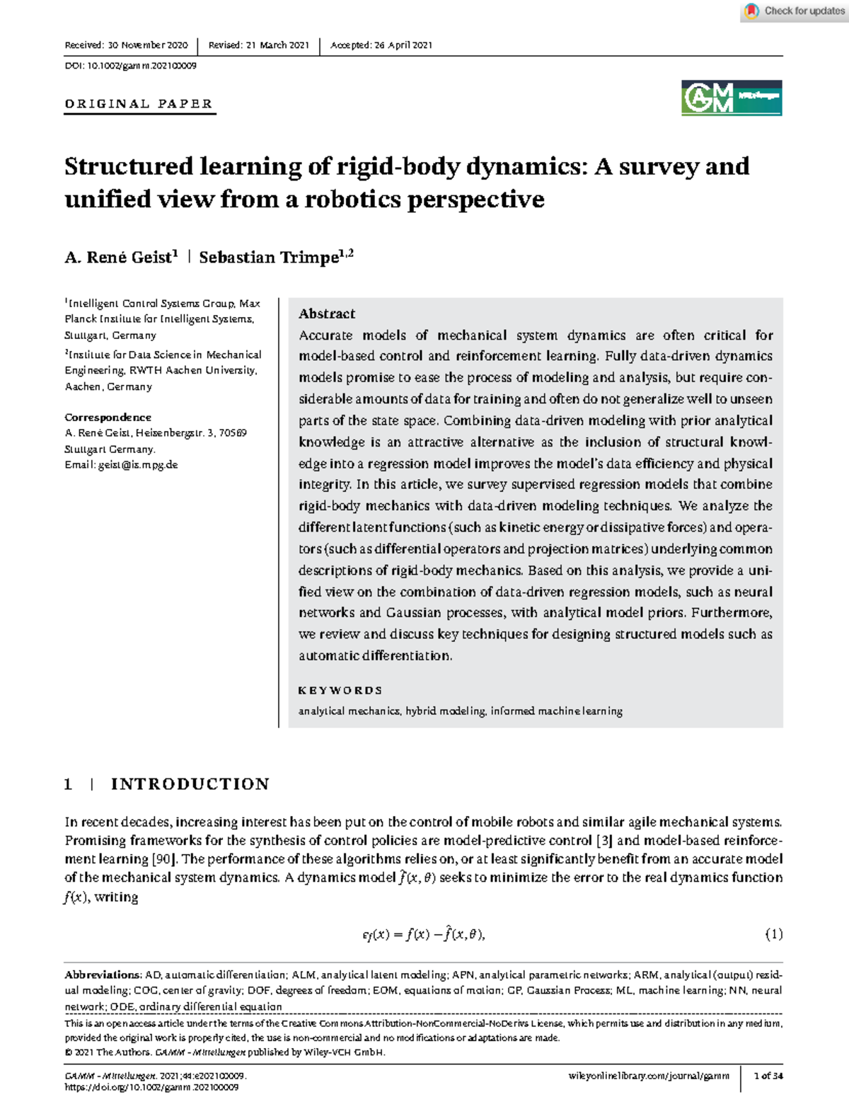 Structured learning of rigid‐body dynamicsrom a robotics - Received: 30 ...