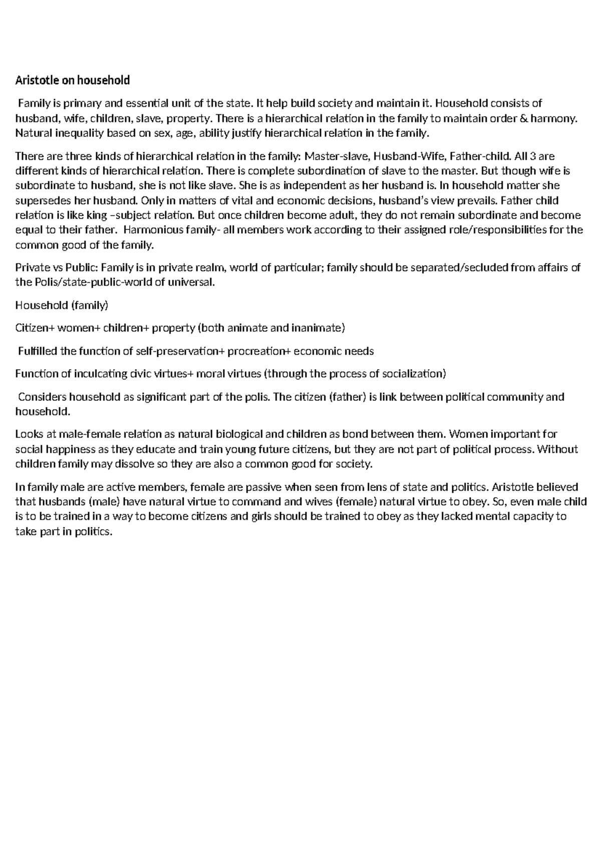 Aristotle theory - Aristotle on household Family is primary and ...