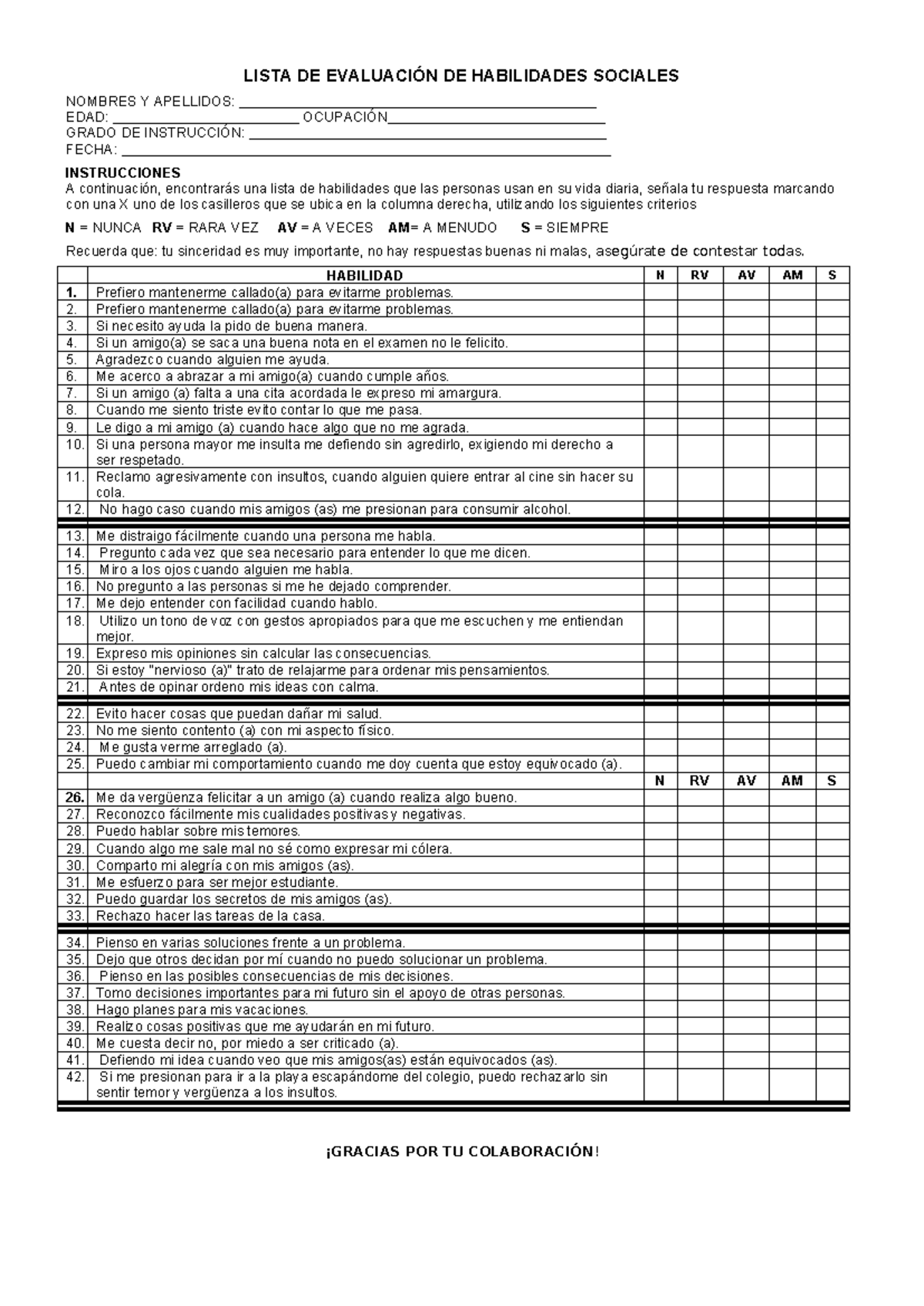 Lista DE Evaluación DE Habilidades Sociales, IRA - LISTA DE EVALUACIÓN ...