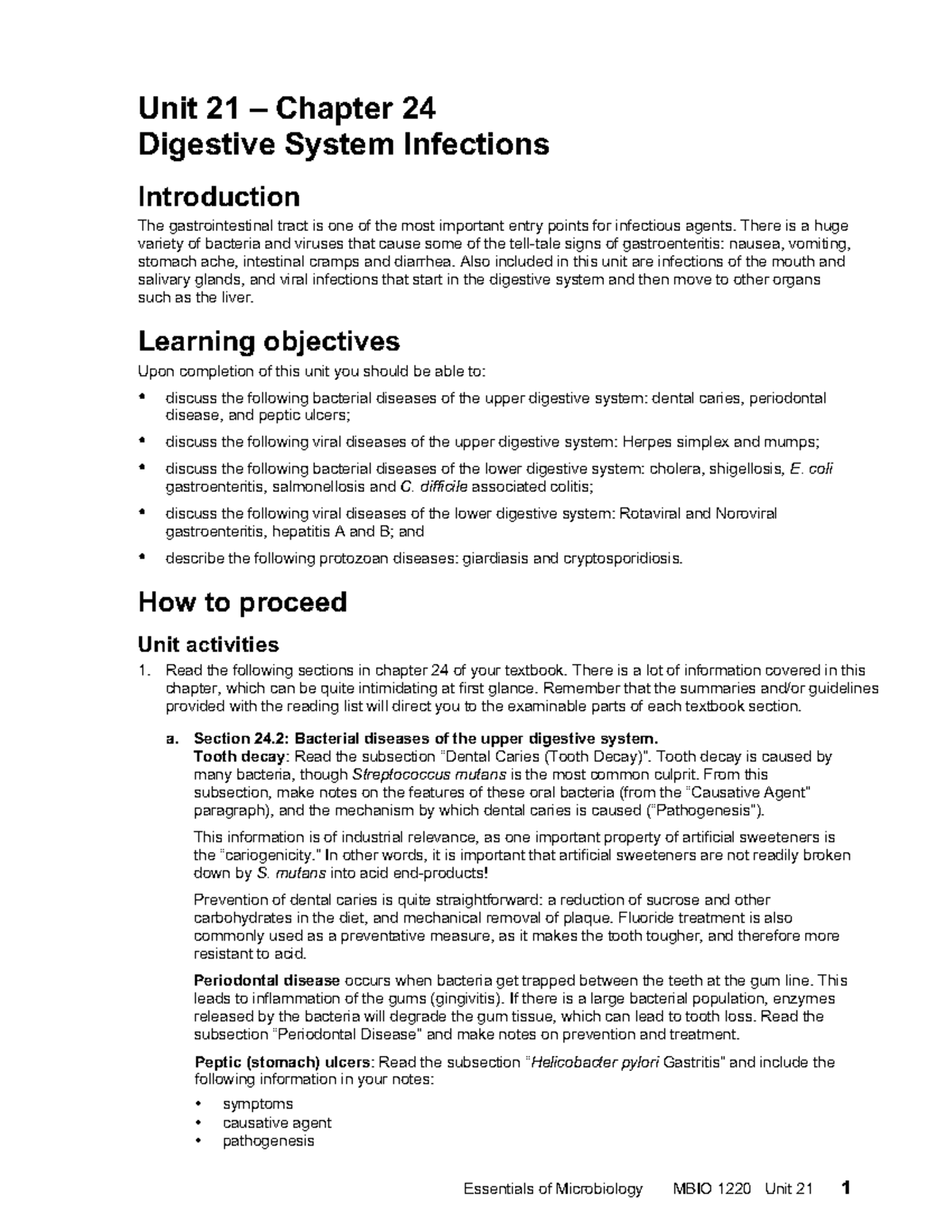 Unit21 9th ed - Essentials of Microbiology MBIO 1220 Unit 21 1 Unit 21 – Chapter 24 Digestive ...