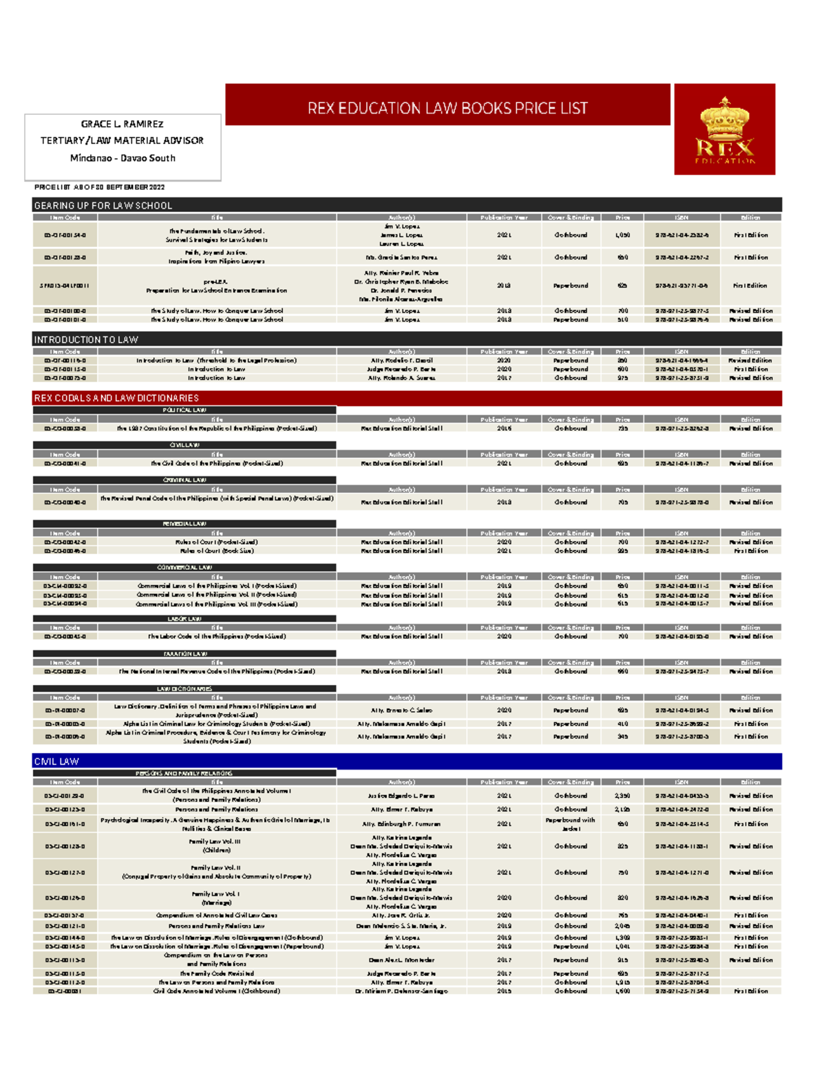 New Rex Education REX Book Store Law Books Pricelist As of 30 September ...