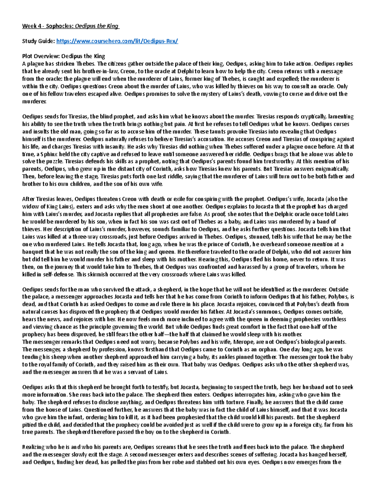 Week 4 - Lecture notes 4 - Week 4 - Sophocles: Oedipus the King Study ...
