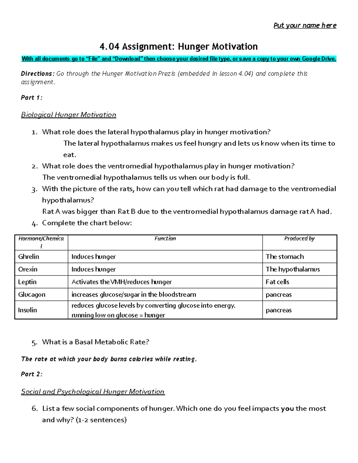 psychology 4.04 assignment - Put your name here 4 Assignment: Hunger ...