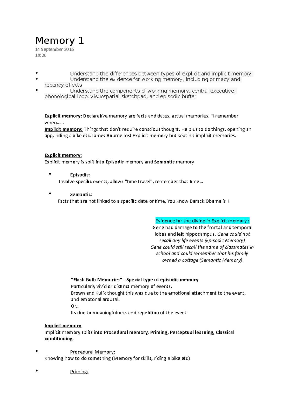 Cognitive Psychology - Lecture notes 11 - Memory 1 14 September 2016 19 ...