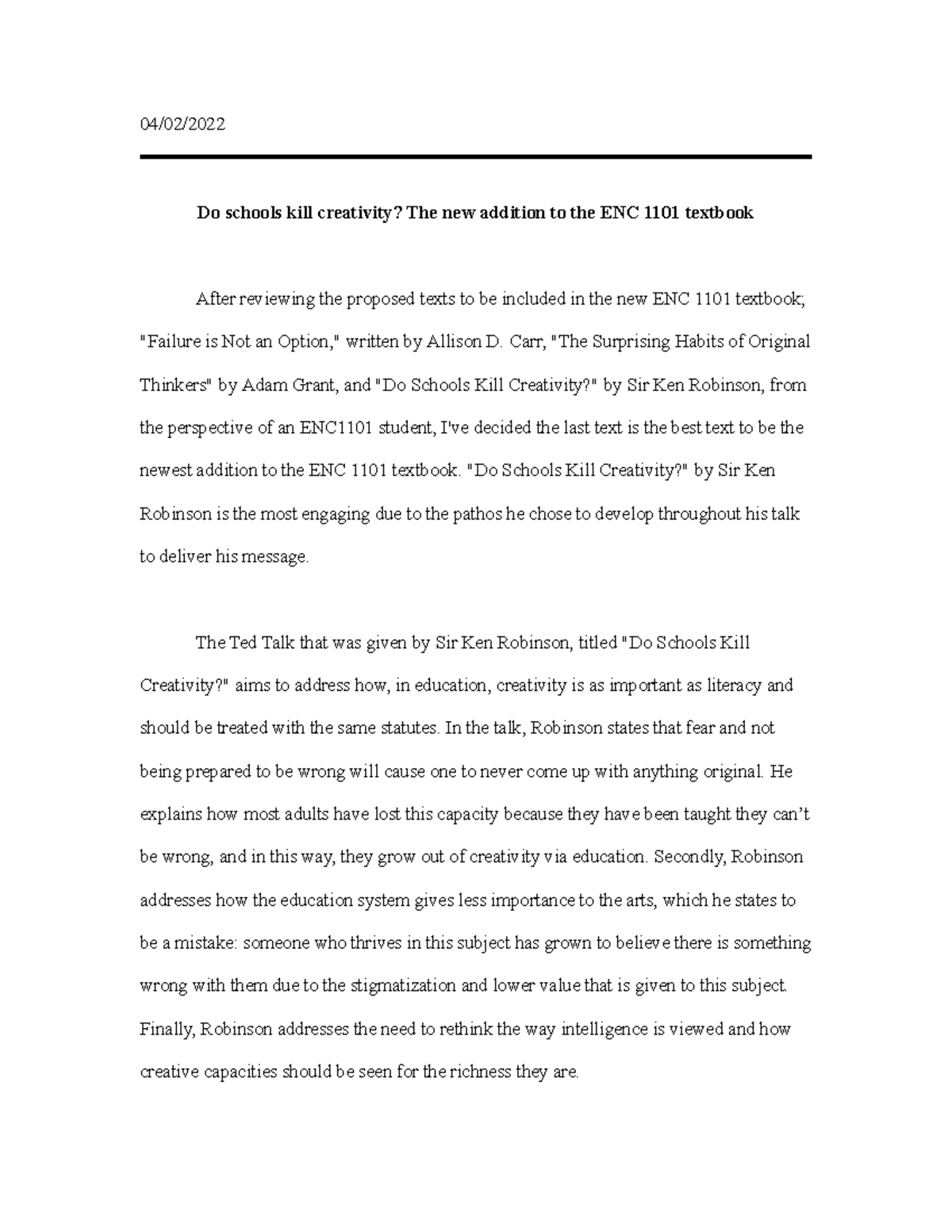 RR Student Sample 2 Rhetorical Review - 04/02/ Do schools kill ...