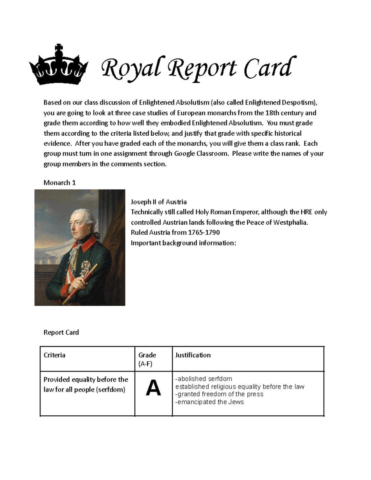 Enlightenment Absolutism Report Card - Royal Report Card Based on our ...