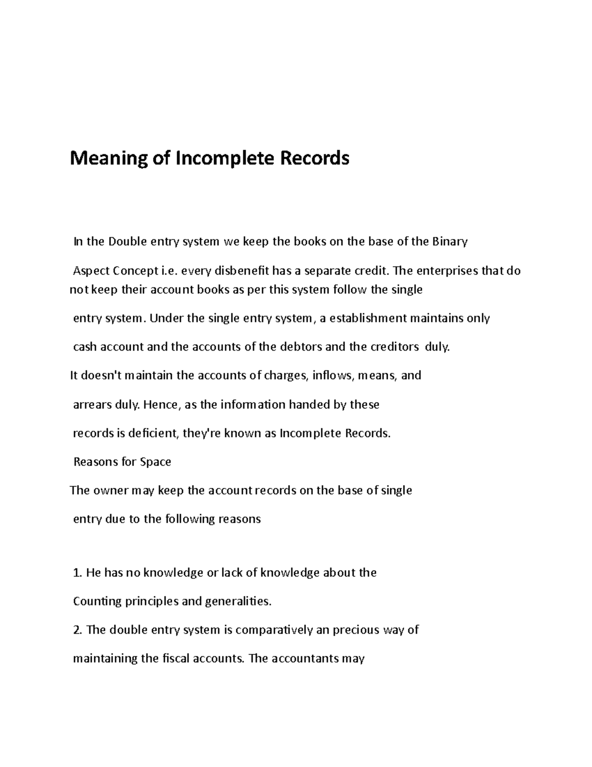Meaning of Incomplete Records - every disbenefit has a separate credit ...