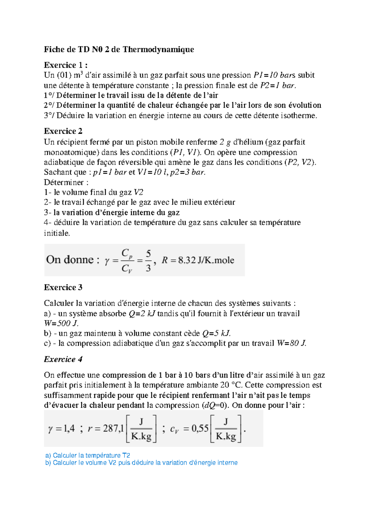 Fiche de TD N0 2 de Thermodynamique - Fiche de TD N0 2 de ...
