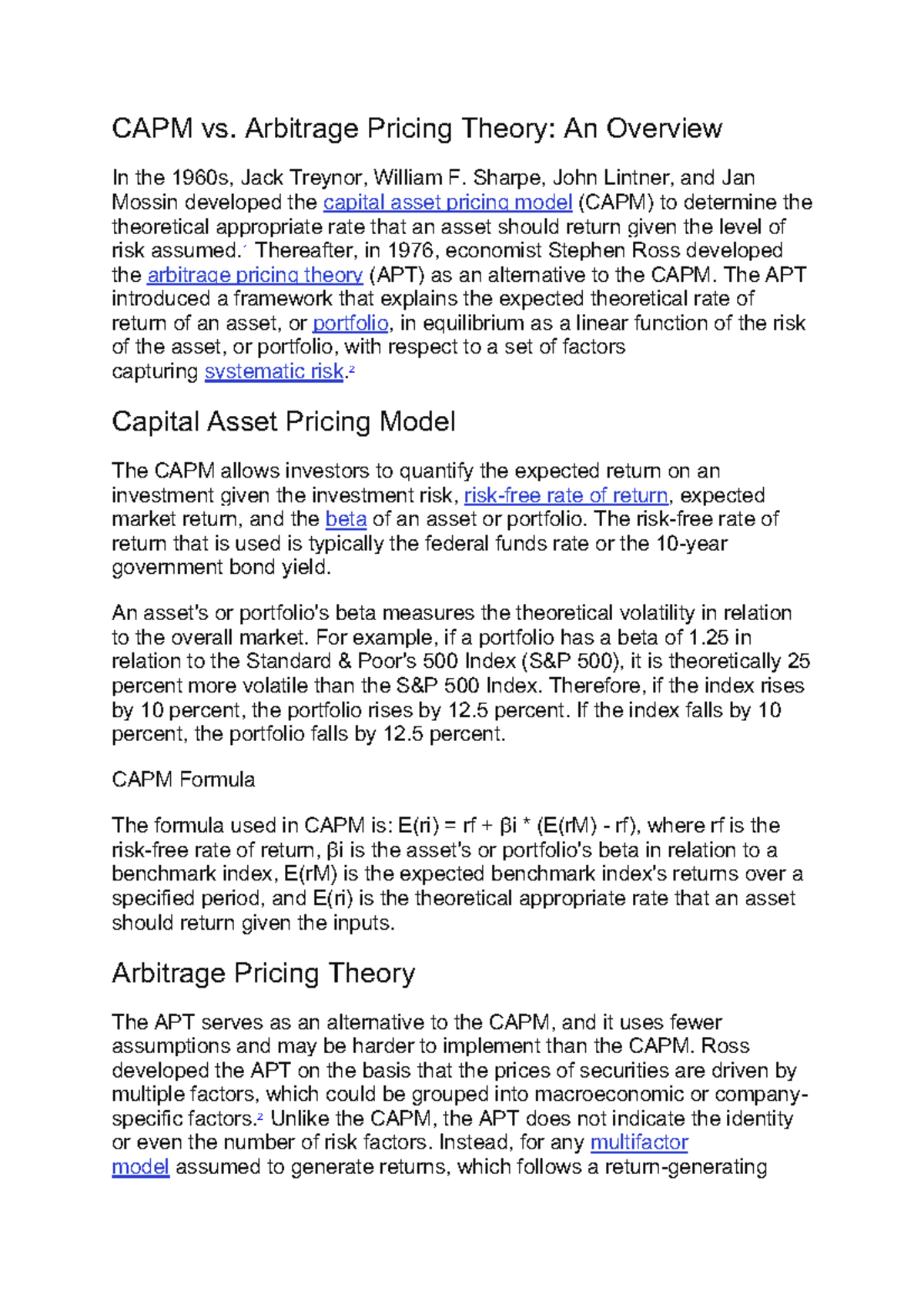 311 Extra Notes - CAPM vs. Arbitrage Pricing Theory: An Overview In the ...