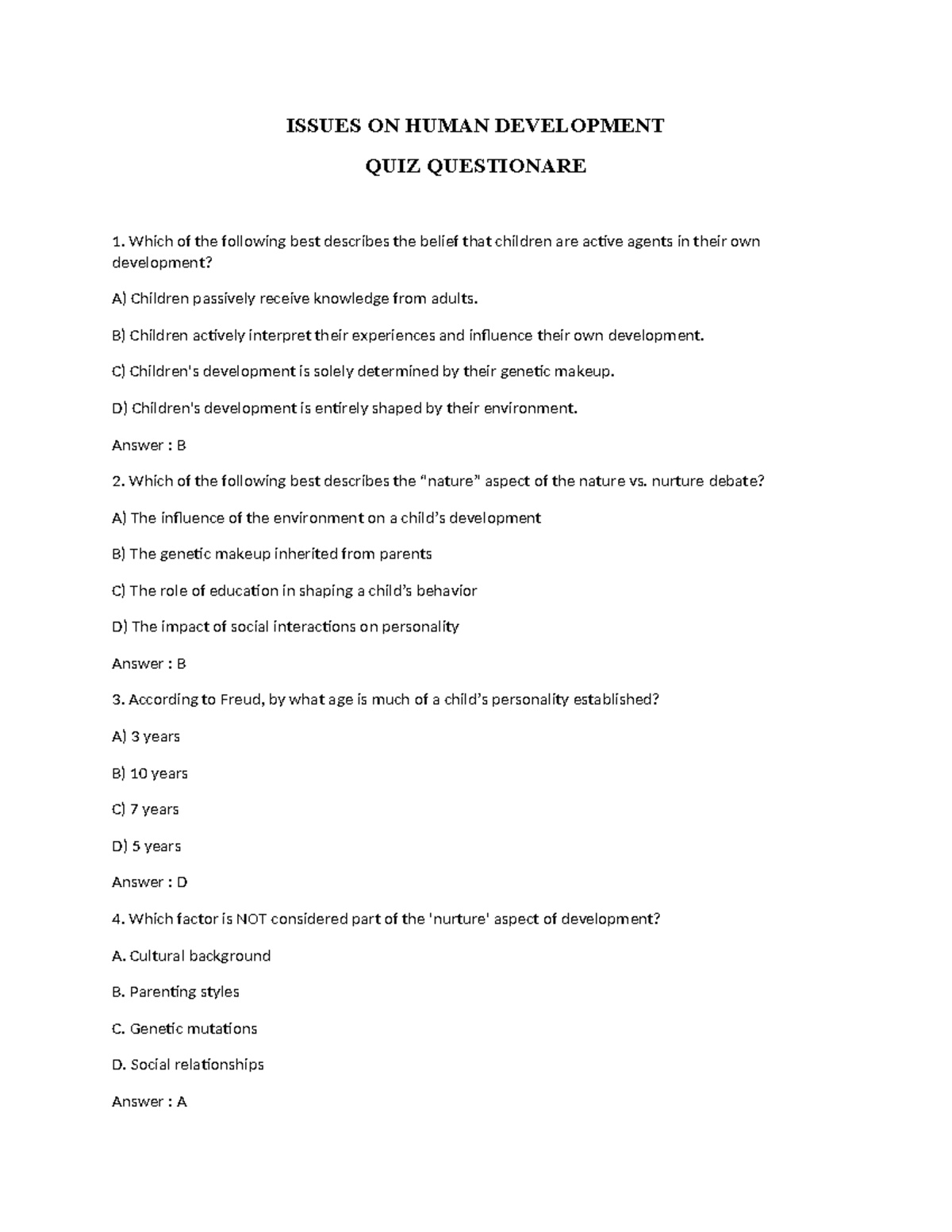 Issues on human development - ISSUES ON HUMAN DEVELOPMENT QUIZ ...