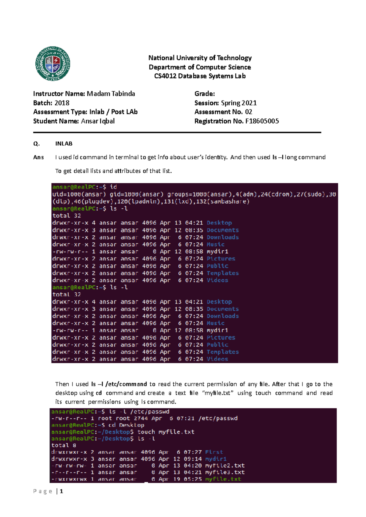 Ansar F18605005 Inlab Post Lab No 02 Operating System Dated 12 April 2021 National