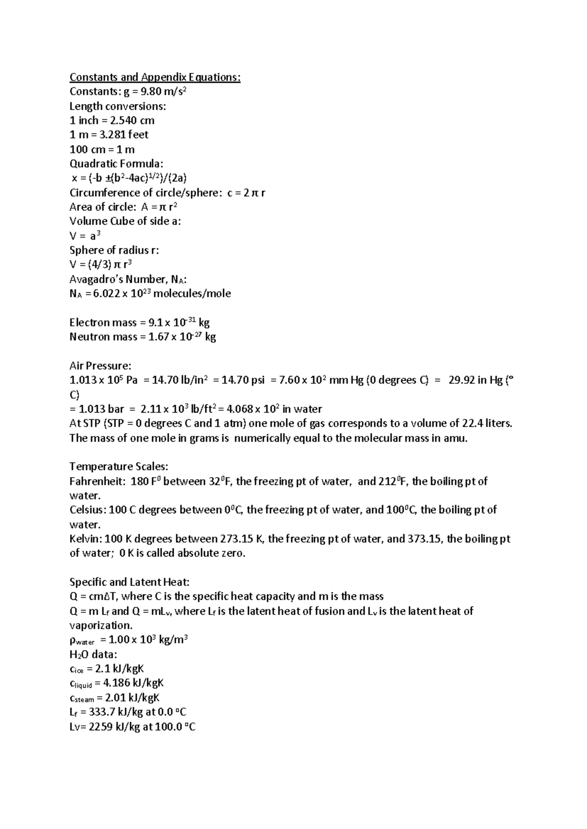 Equations-Exam- Three - Constants and Appendix Equations: Constants: g ...