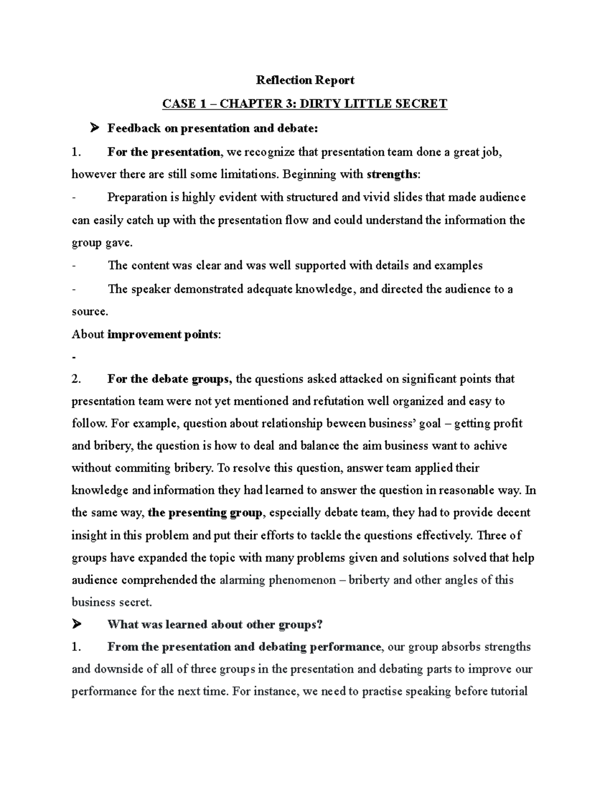Reflection Report - Reflection Report CASE 1 – CHAPTER 3: DIRTY LITTLE ...