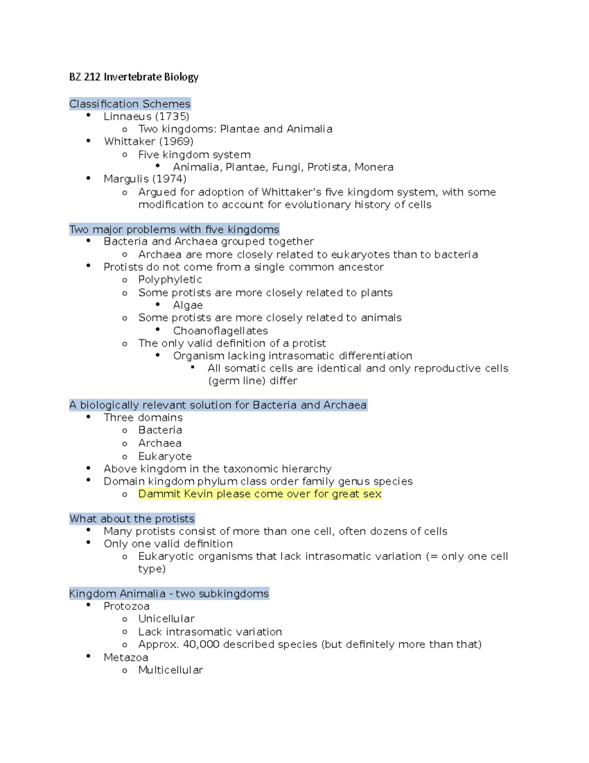 BZ 212 Invertebrate Biology - BZ 212 Invertebrate Biology ...