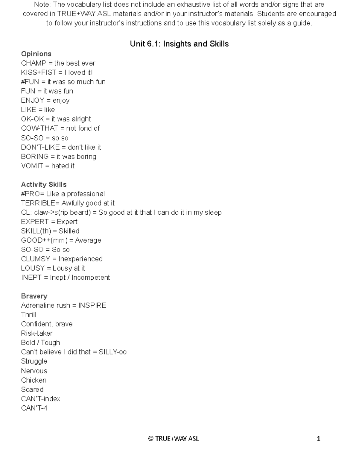ASL YEAR 1 - Unit 6.1-6.5 Vocabulary List - Note: The vocabulary list ...
