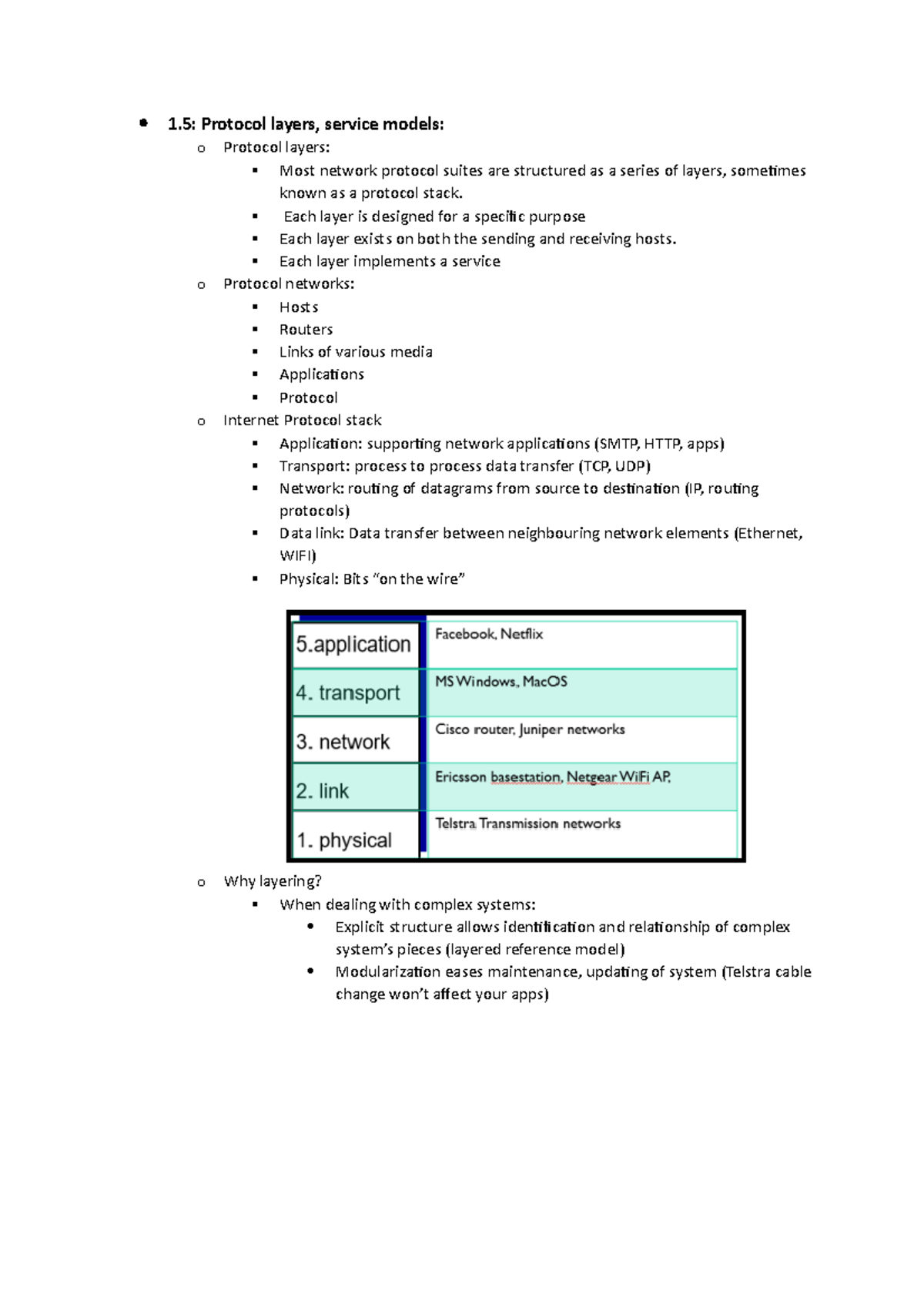 Lecture Notes for week 1 to 4 - 1: Protocol layers, service models: o ...