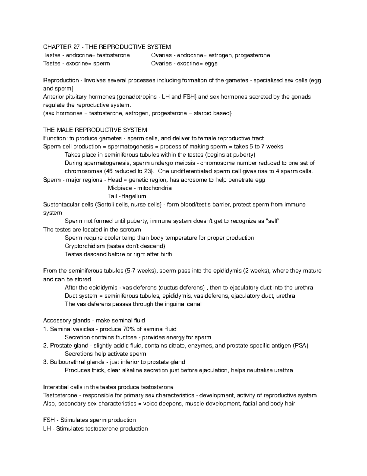 21, Reproductive System Notes - CHAPTER 27 - THE REPRODUCTIVE SYSTEM ...