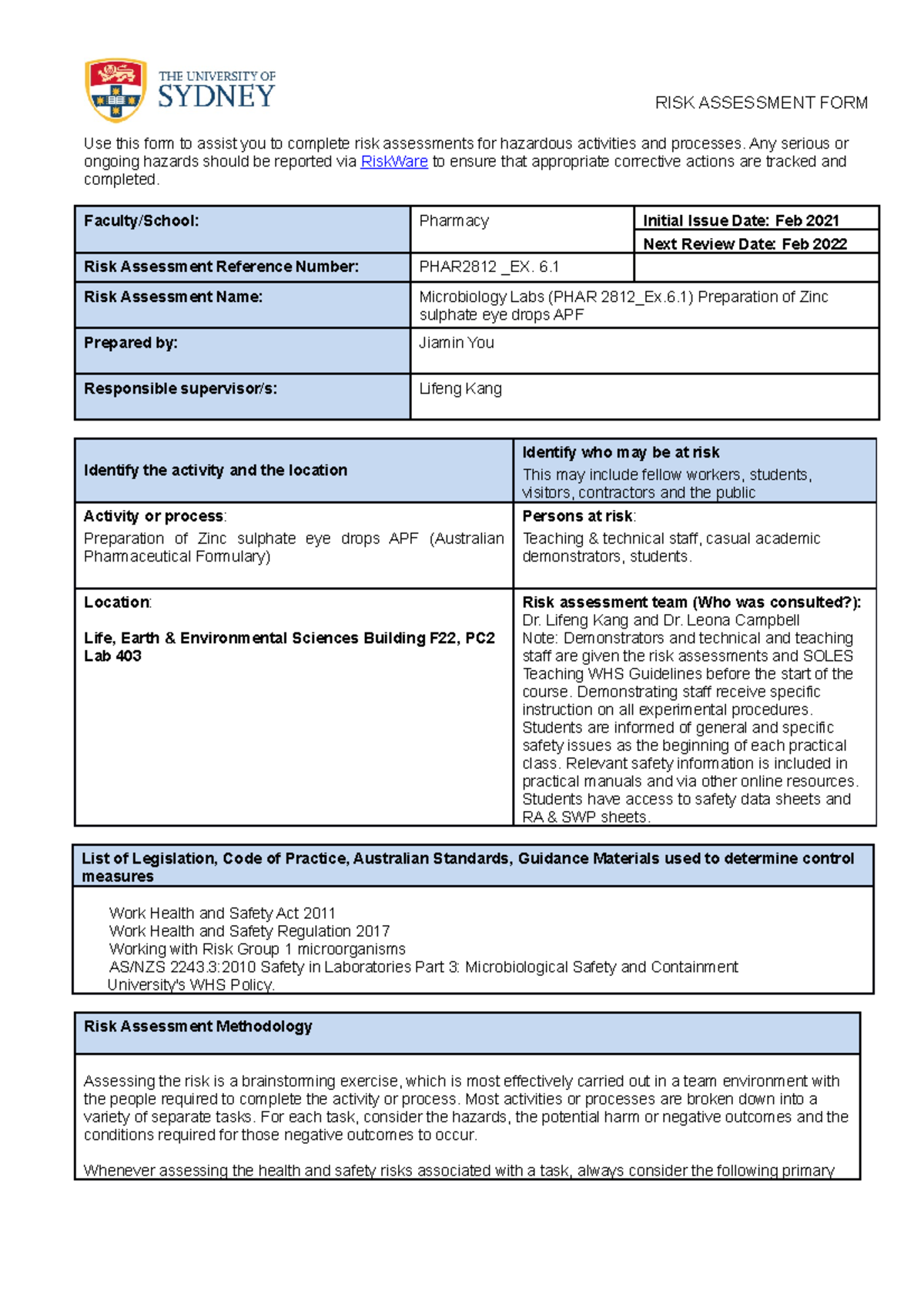 PHAR 2812 Risk Assessment Prac 6.1 - RISK ASSESSMENT FORM Use this form ...