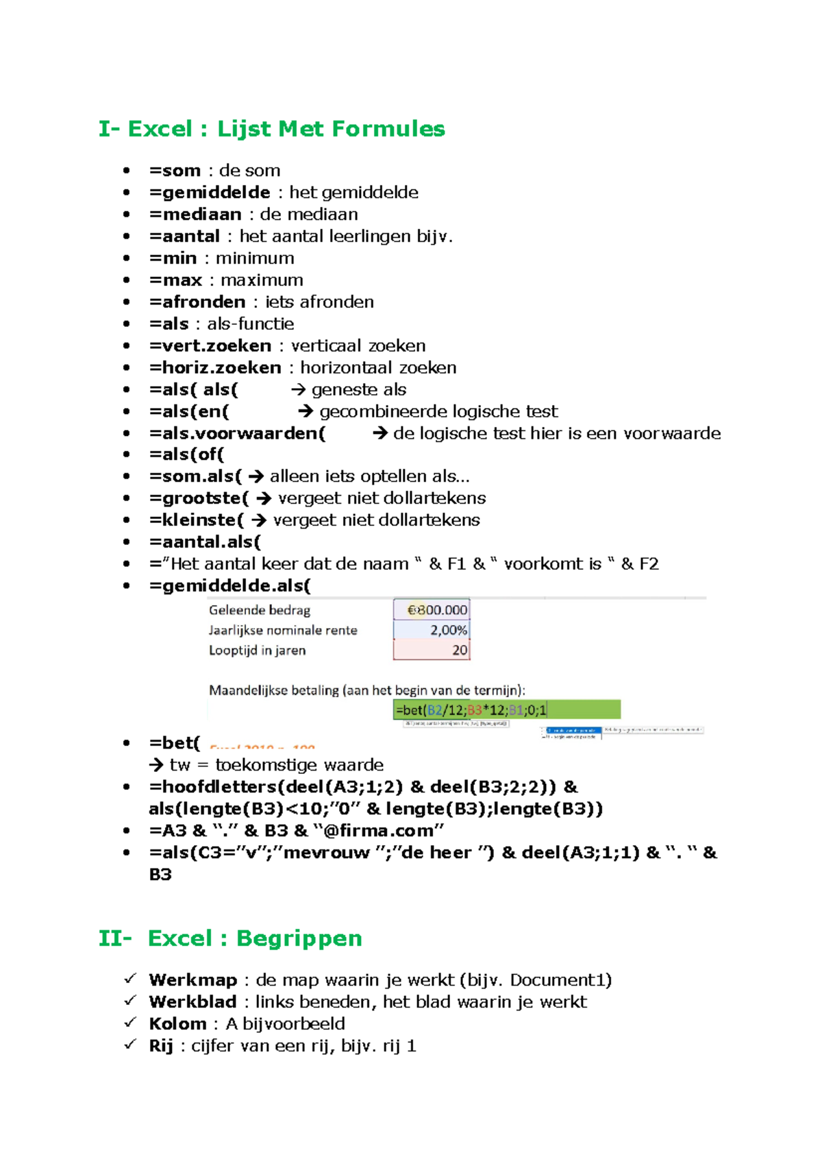 Excel Samenvatting - I- Excel : Lijst Met Formules =som : de som ...