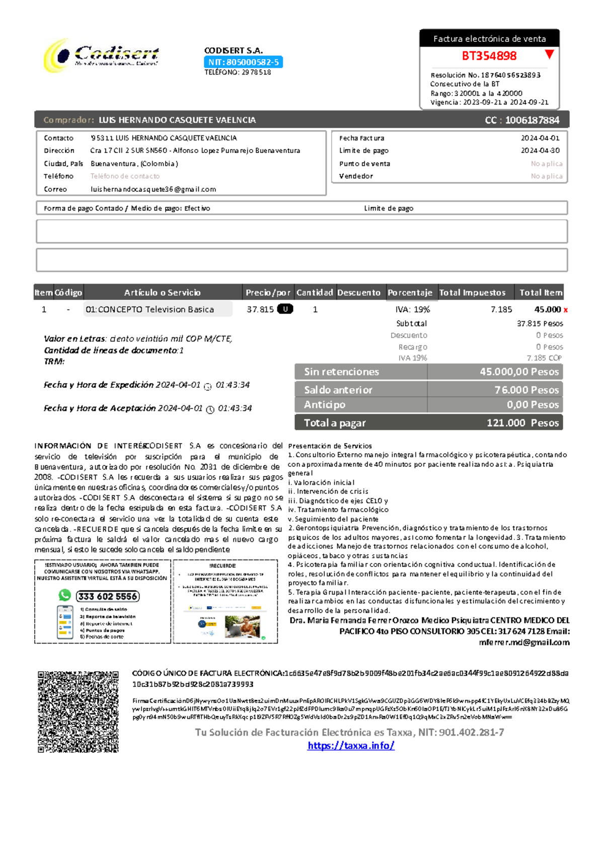 Pdf0805000582000 240000628184 - CC : 1006187884 CODISERT S. NIT: 805000582- TELÉFONO: 2978518 ...