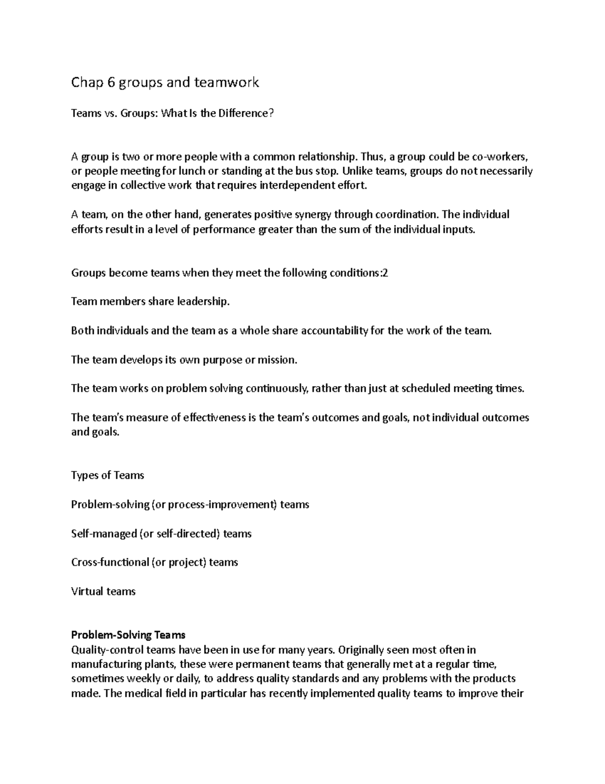 Chap 6 groups and teamwork - Chap 6 groups and teamwork Teams vs ...