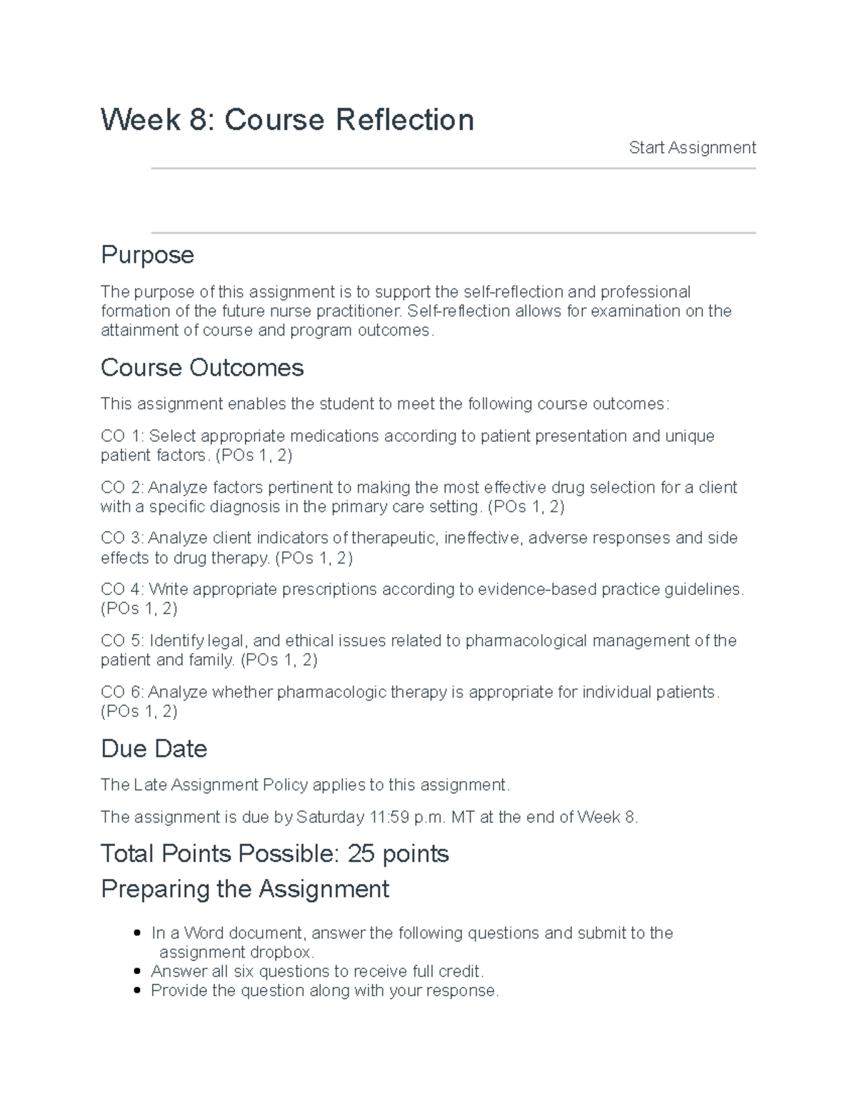 Week 8 Pharm course reflection instructions - Week 8: Course Reflection ...