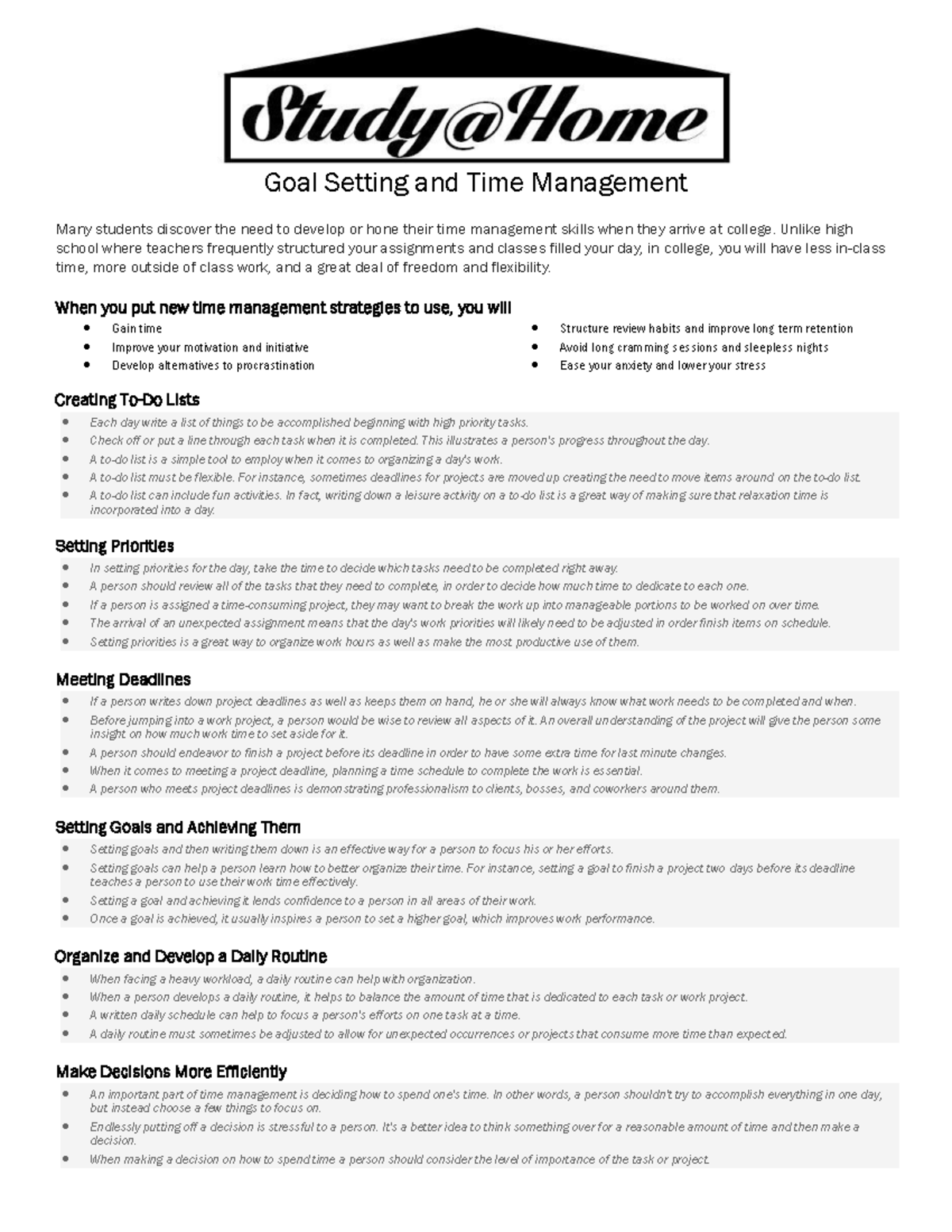 Goal Setting and Time Management - Unlike high school where teachers ...