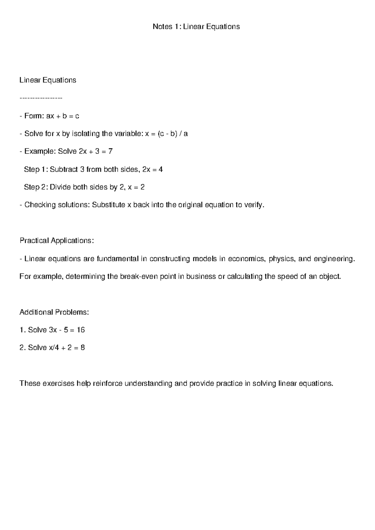 Notes 1 Linear Equations - Notes 1: Linear Equations Linear Equations ...