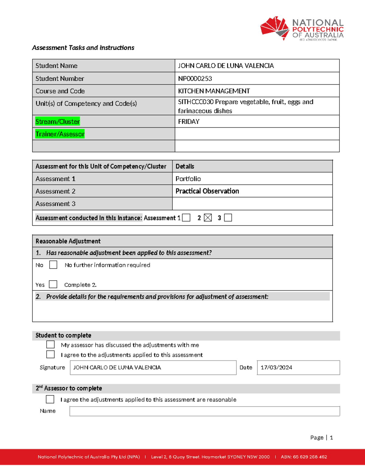 NPA Sithccc 030 Assessment 2 (1) - Assessment Tasks and Instructions ...