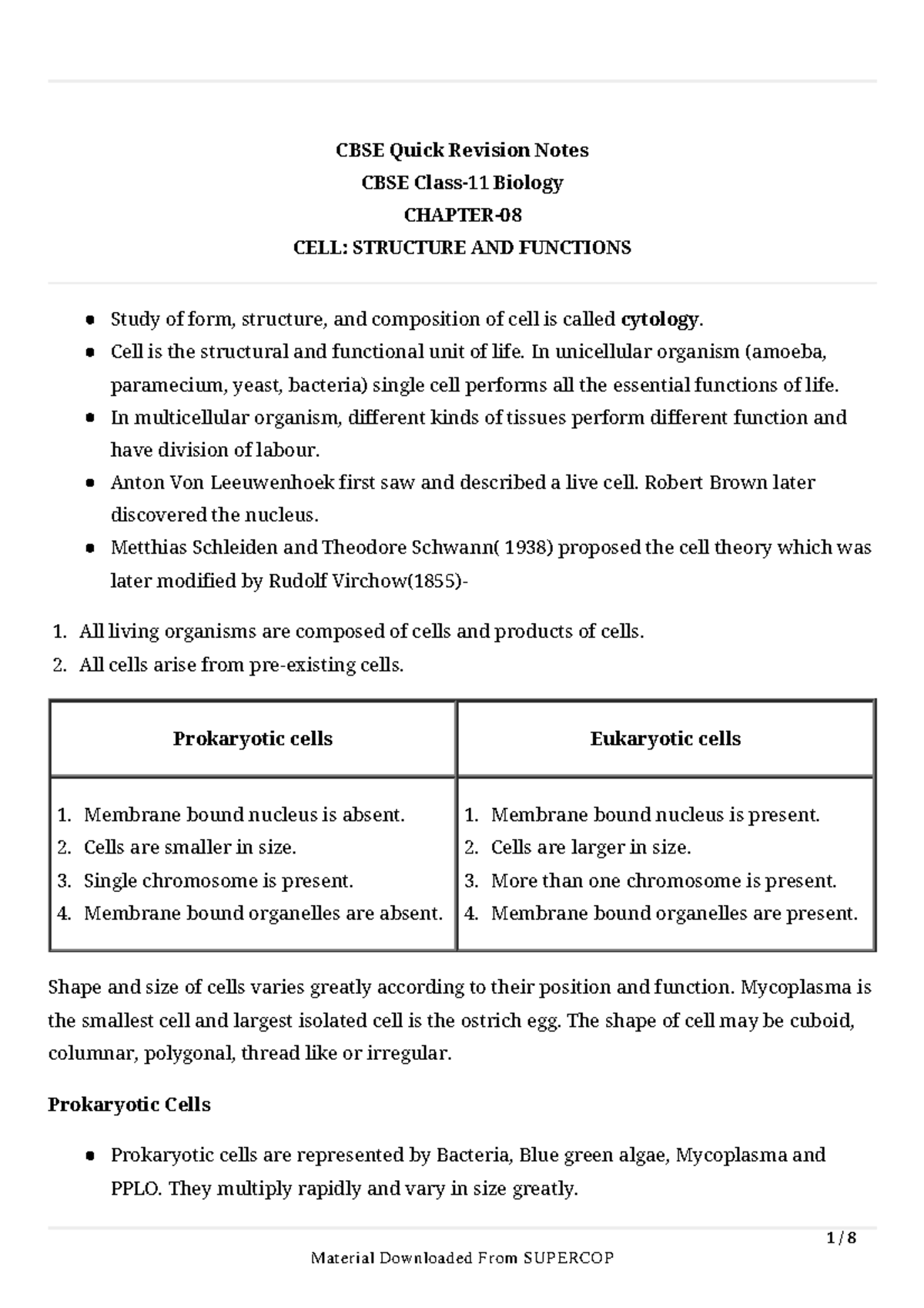 CELL: STRUCTURE AND FUNCTIONS - 1 / 8 CBSE Quick Revision Notes CBSE ...