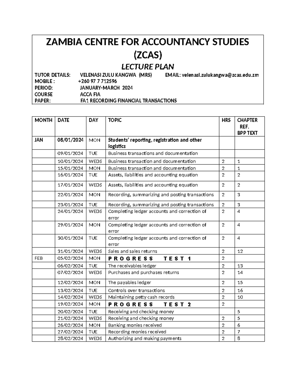 FIA FA1 Scheme OF WORK - Summary Management Accounting - ZAMBIA CENTRE ...