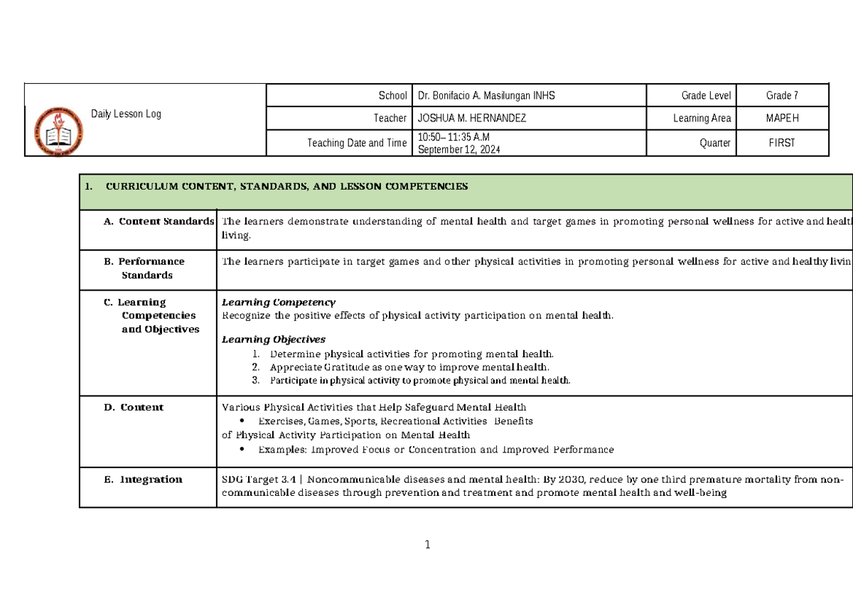 COT 1 Matatag - cot - I. CURRICULUM CONTENT, STANDARDS, AND LESSON ...