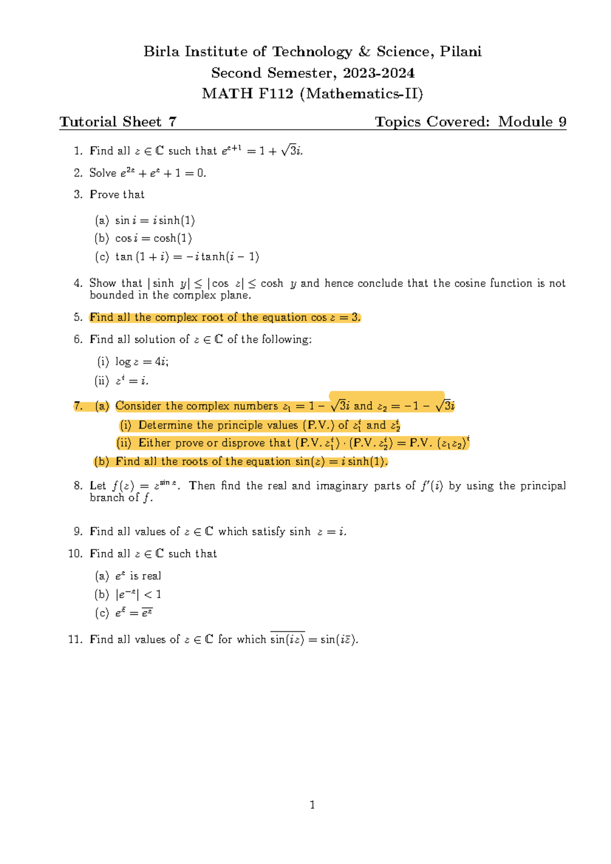 Tutorial Sheet 7 - Birla Institute of Technology & Science, Pilani Second Semester, 2023- MATH ...