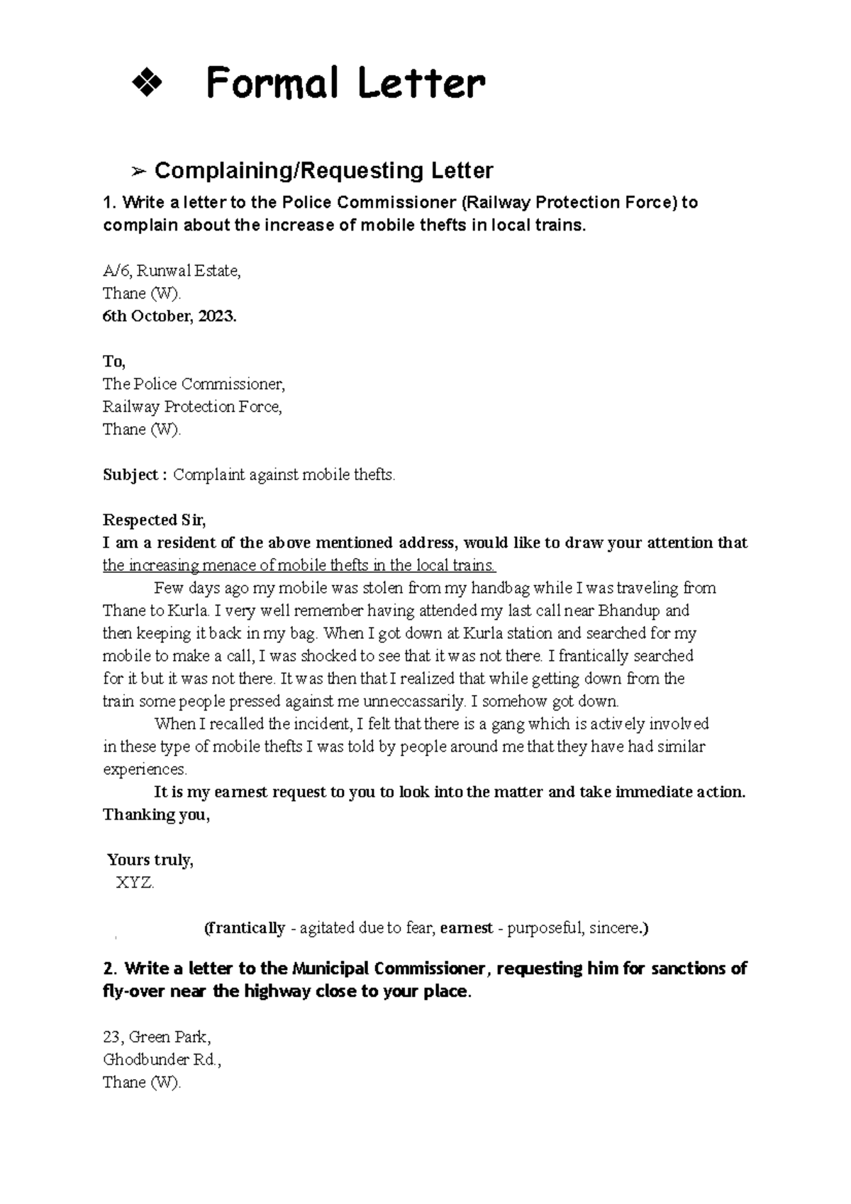 SSC Letter Examples - Formal Letter Complaining/Requesting Letter Write ...