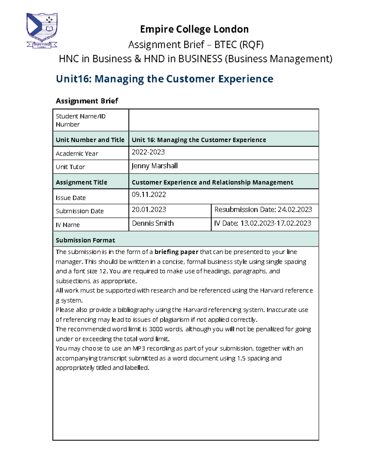 Unit 16 Managing a Customer Experience - Assignment Brief HNC in ...