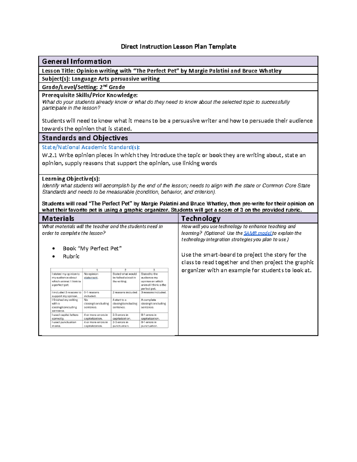 Language Arts Instruction Lesson Plan - Direct Instruction Lesson Plan Template General ...