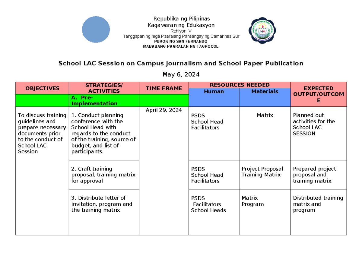 ACtion plan for LAC Session on Campus Journalism - Republika ng Pilipinas Kagawaran ng Edukasyon ...