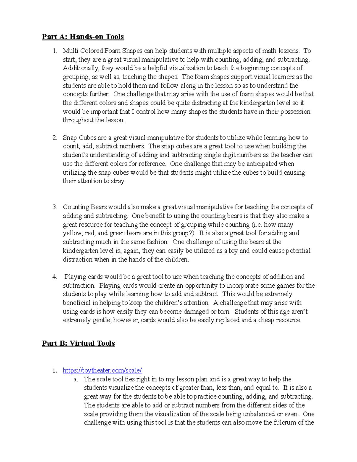 C109 Elementary Math Methods Task 1 - Part A: Hands-on Tools 1. Multi ...